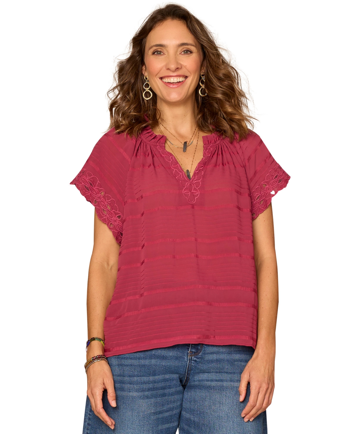 Click here for Democracy Petite Embroidered V-Neck Woven Top - Be... prices