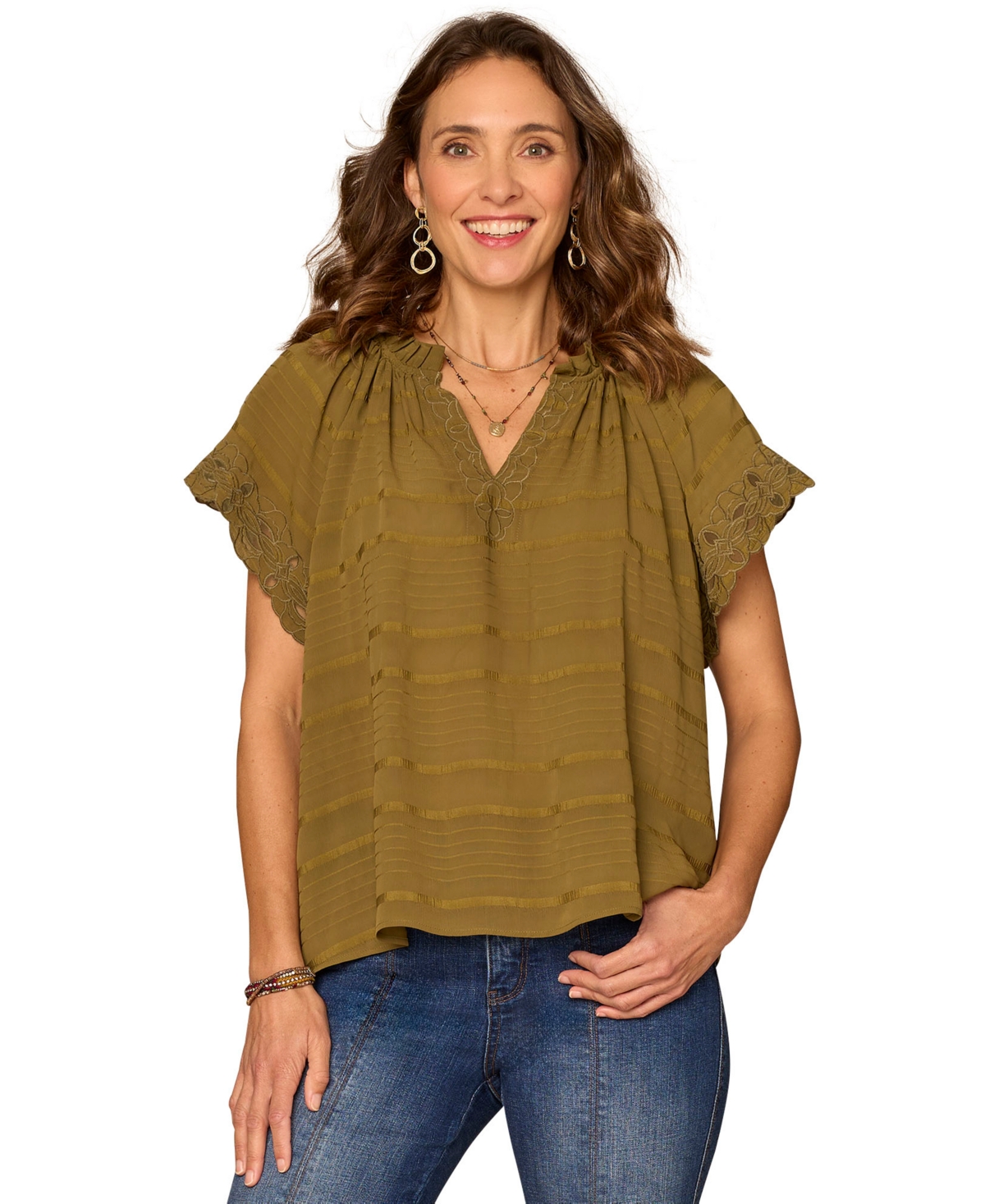 Click here for Democracy Petite Embroidered V-Neck Woven Top - Ha... prices