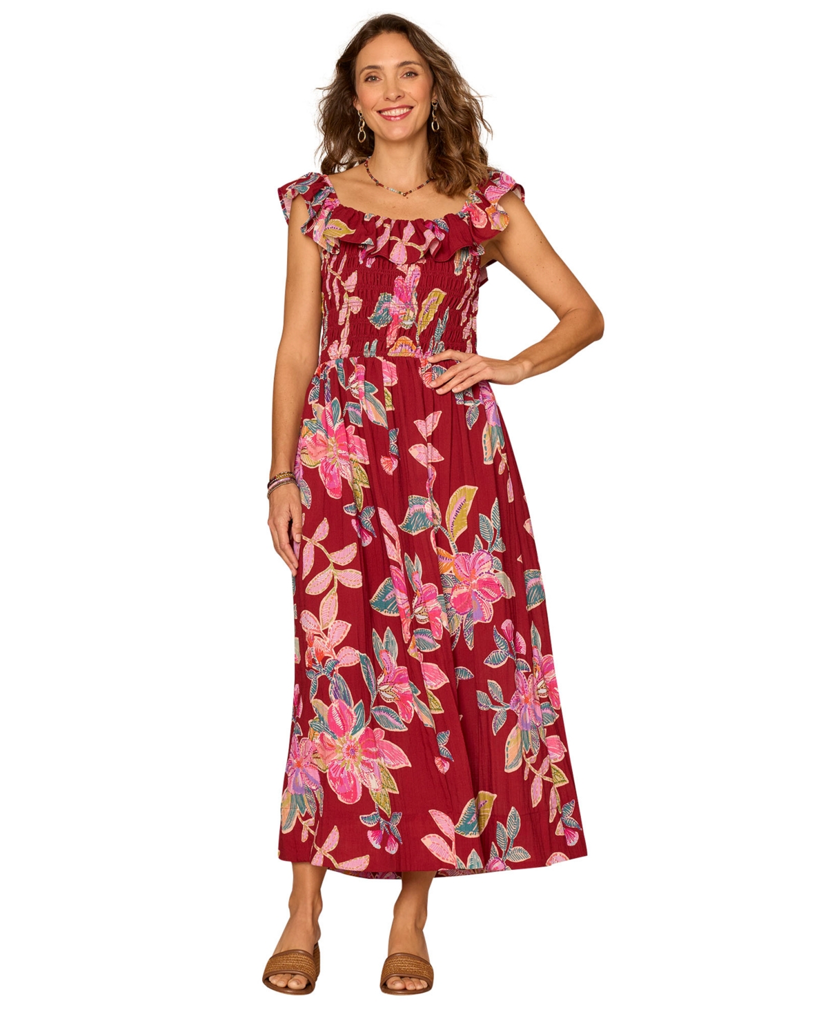 Click here for Democracy Petite Ruffle-Sleeve Floral U-Neck Maxi... prices