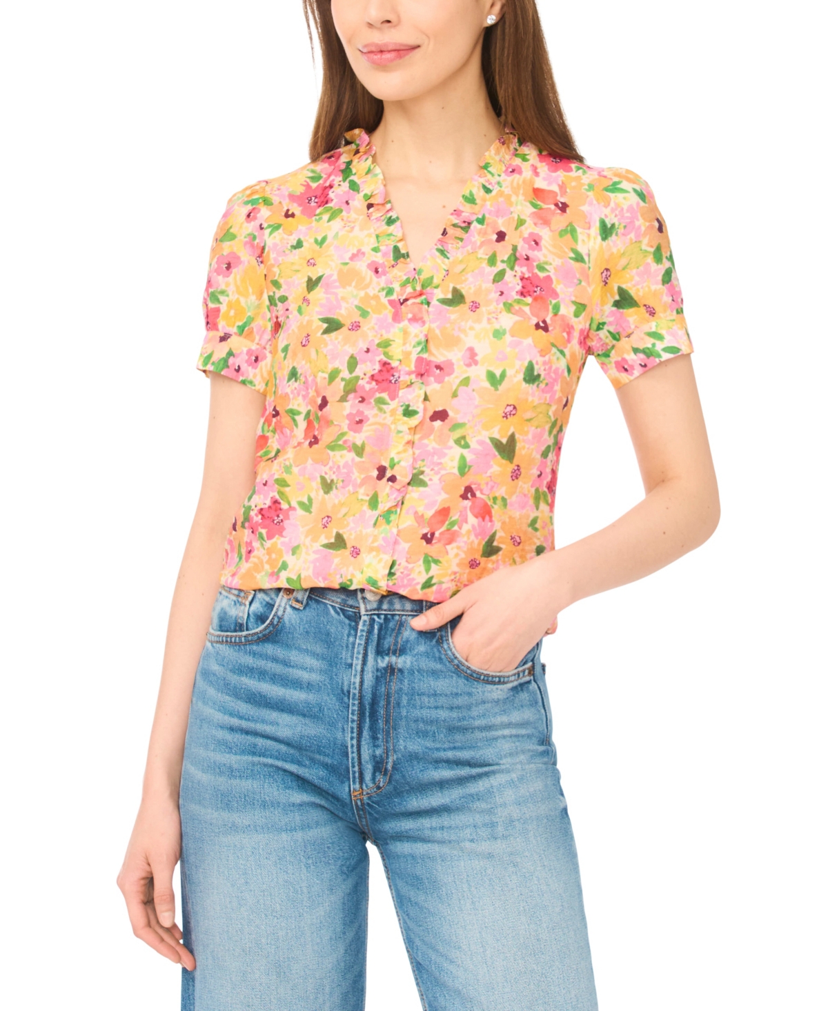 Click here for CeCe Womens V-Neck Ruffle-Trim Top - Claret Red prices