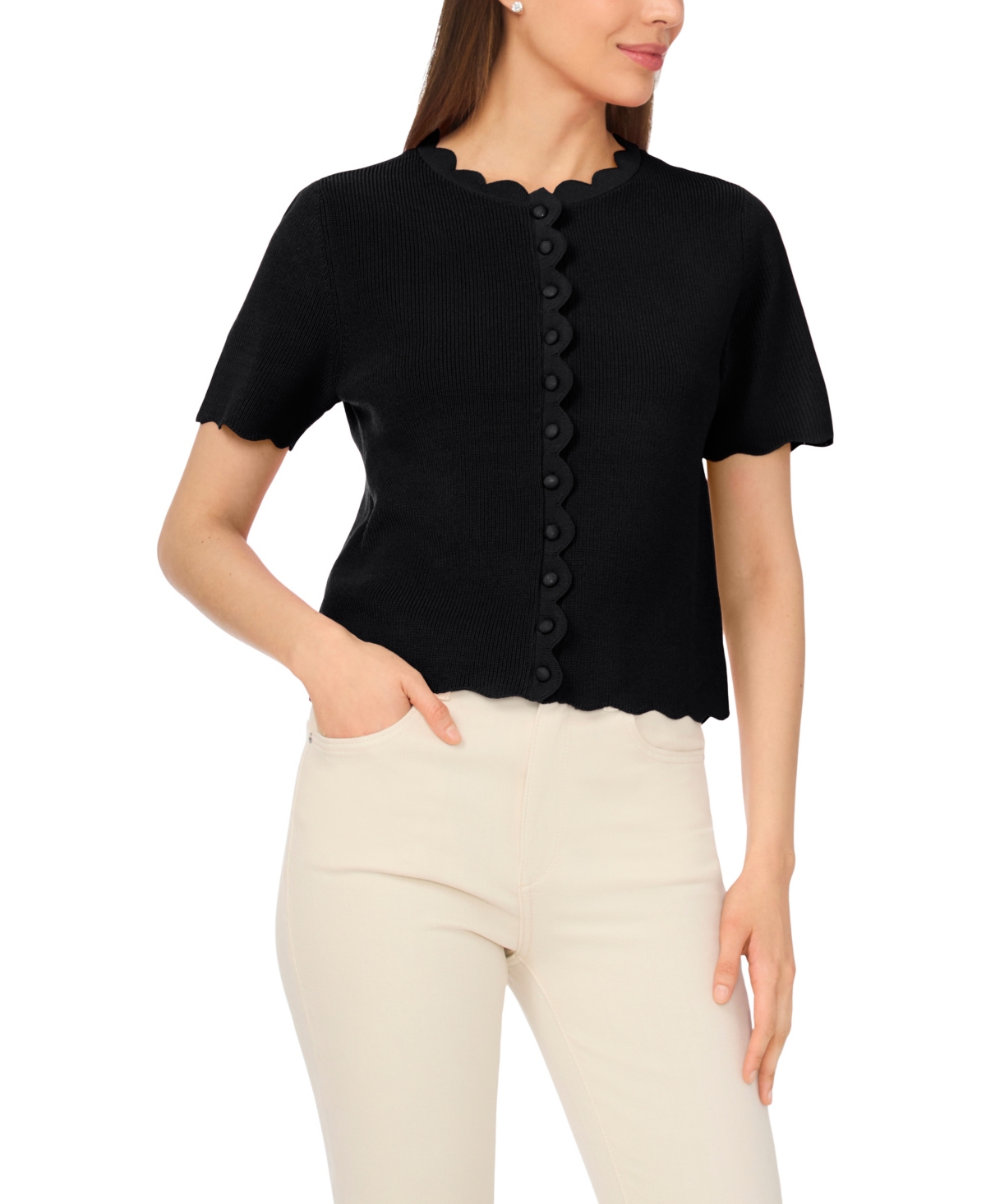 Click here for CeCe Womens Crewneck Scallop-Edge Cardigan Sweater... prices