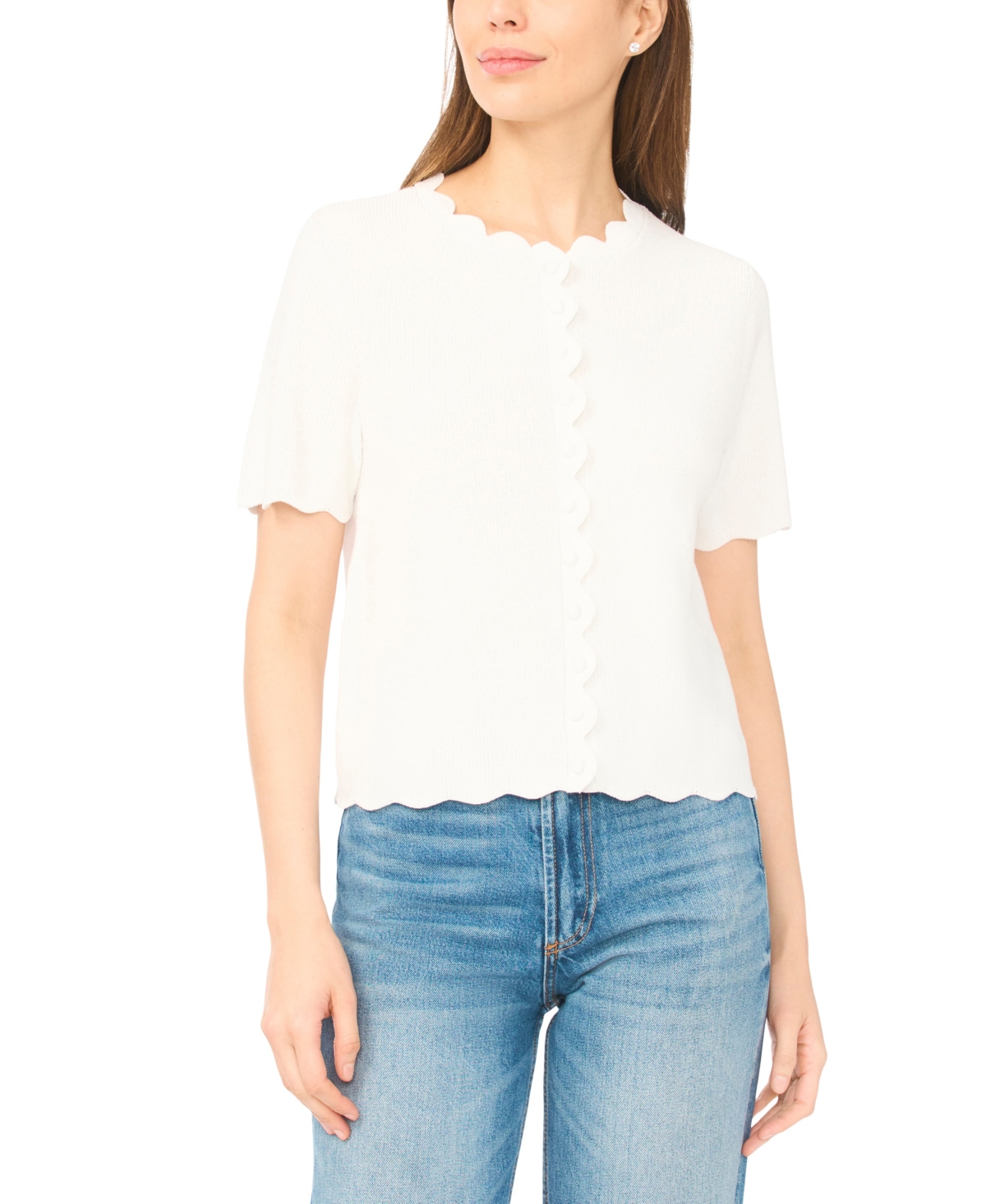 Click here for CeCe Womens Crewneck Scallop-Edge Cardigan Sweater... prices