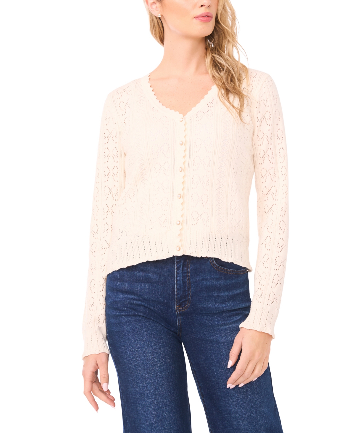 Click here for CeCe Womens V-Neck Pointelle Cotton Cardigan Sweat... prices