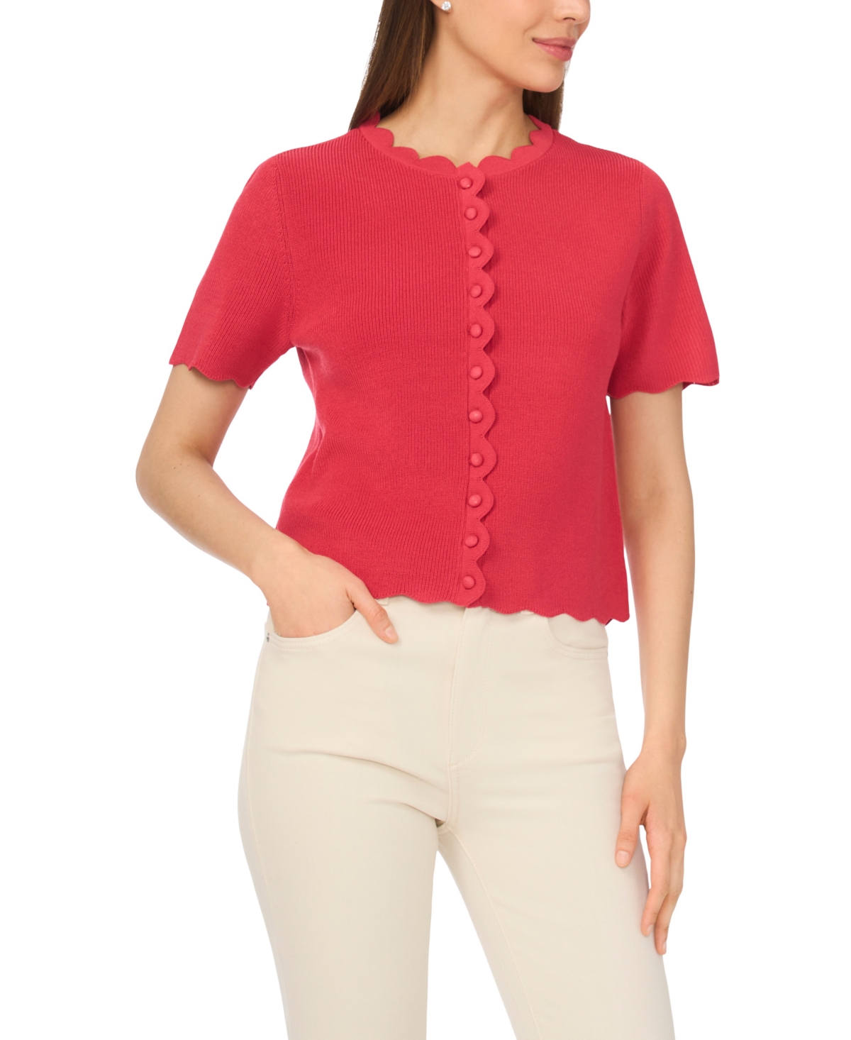 Click here for CeCe Womens Crewneck Scallop-Edge Cardigan Sweater... prices