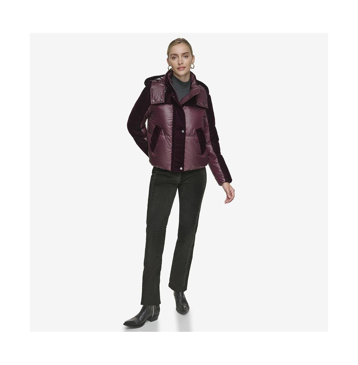 Click here for Womens Vega Mixed Media Short Down Coat - Burgundy prices