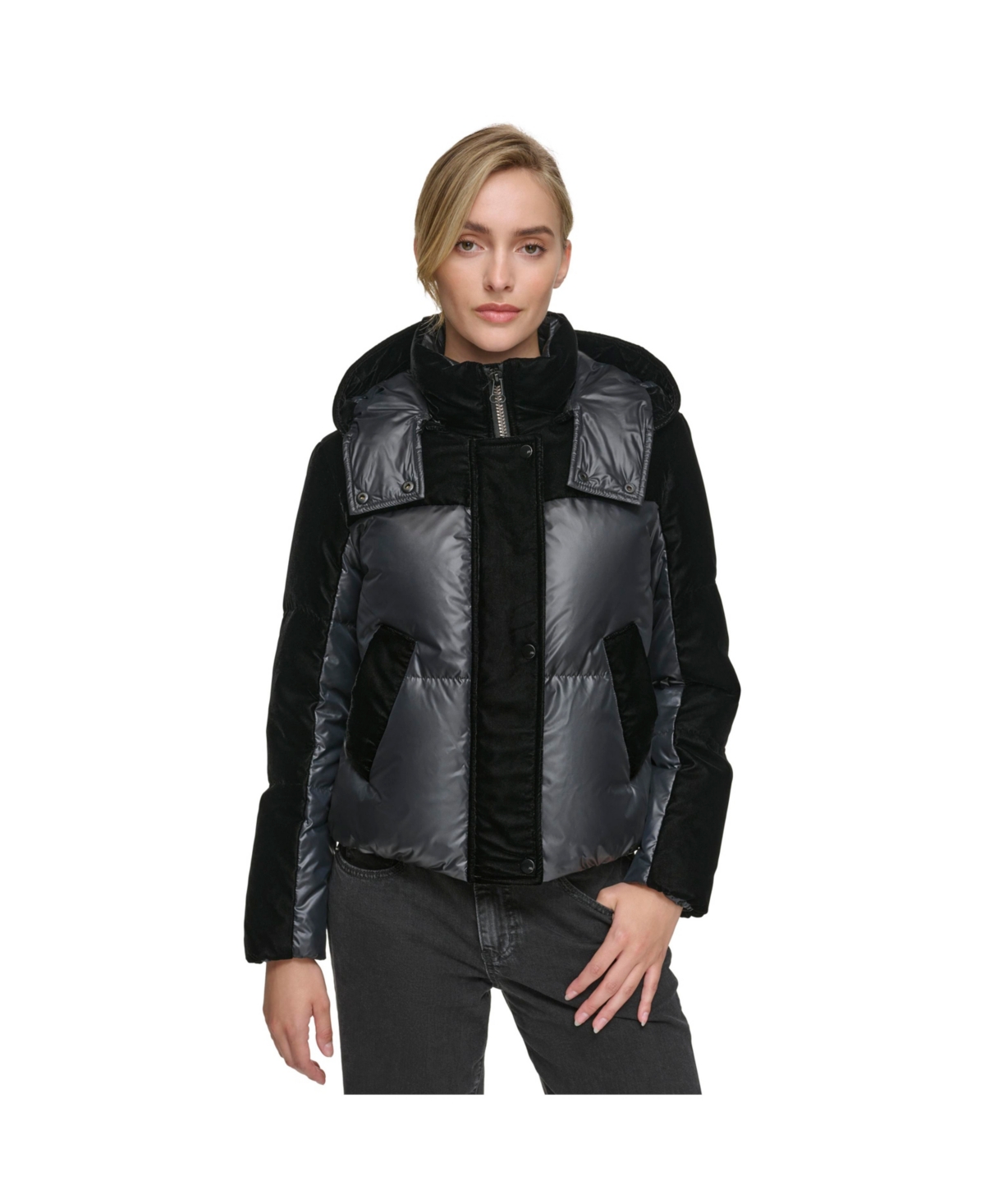 Click here for Womens Vega Mixed Media Short Down Coat - Black prices