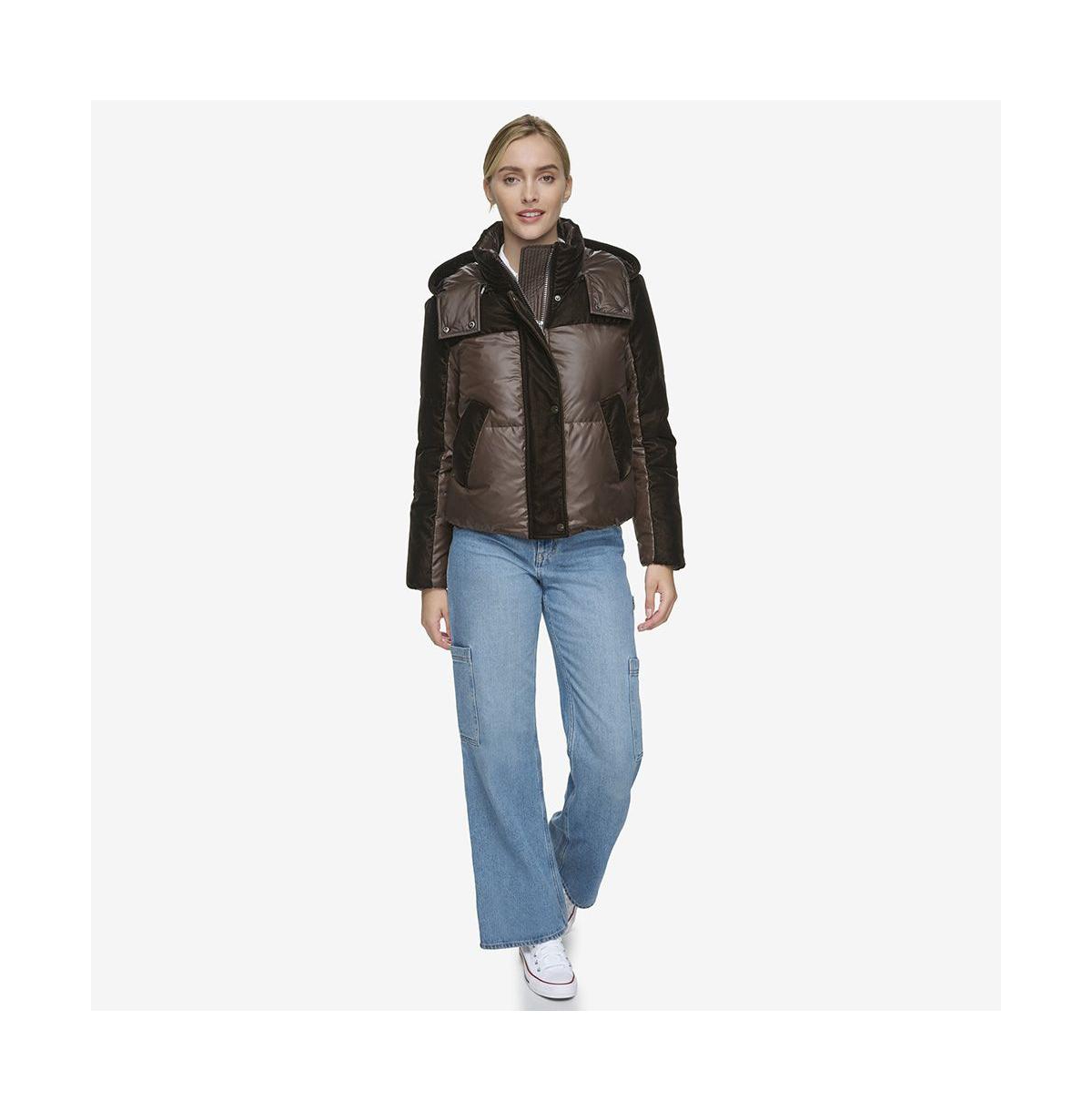 Click here for Womens Vega Mixed Media Short Down Coat - Chocolat... prices