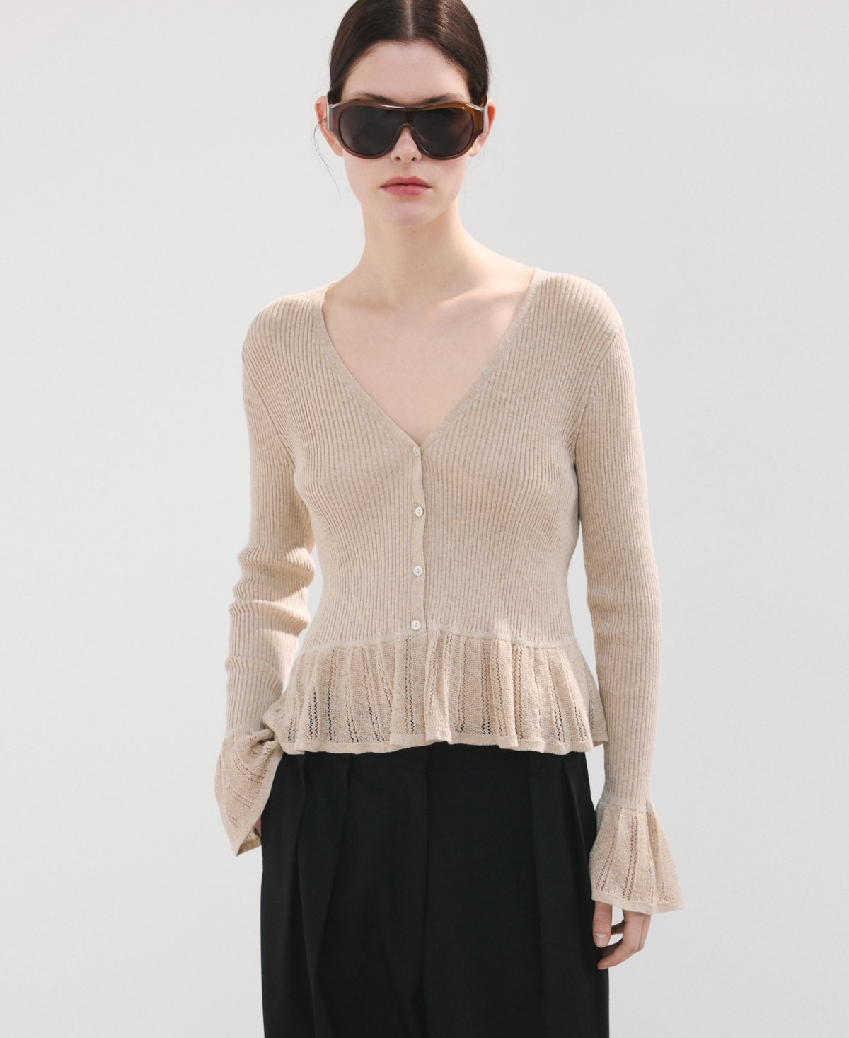 Click here for Mango Womens Ruffle Knit Cardigan - Sand prices