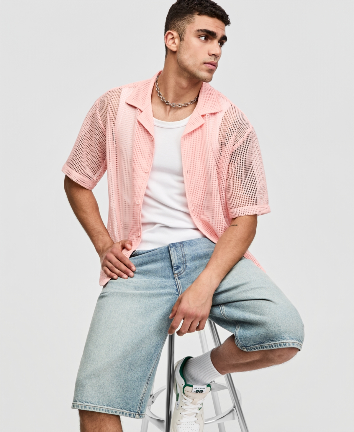 Click here for Mode of One Mens Boxy-Fit Short-Sleeve Mesh Shirt... prices