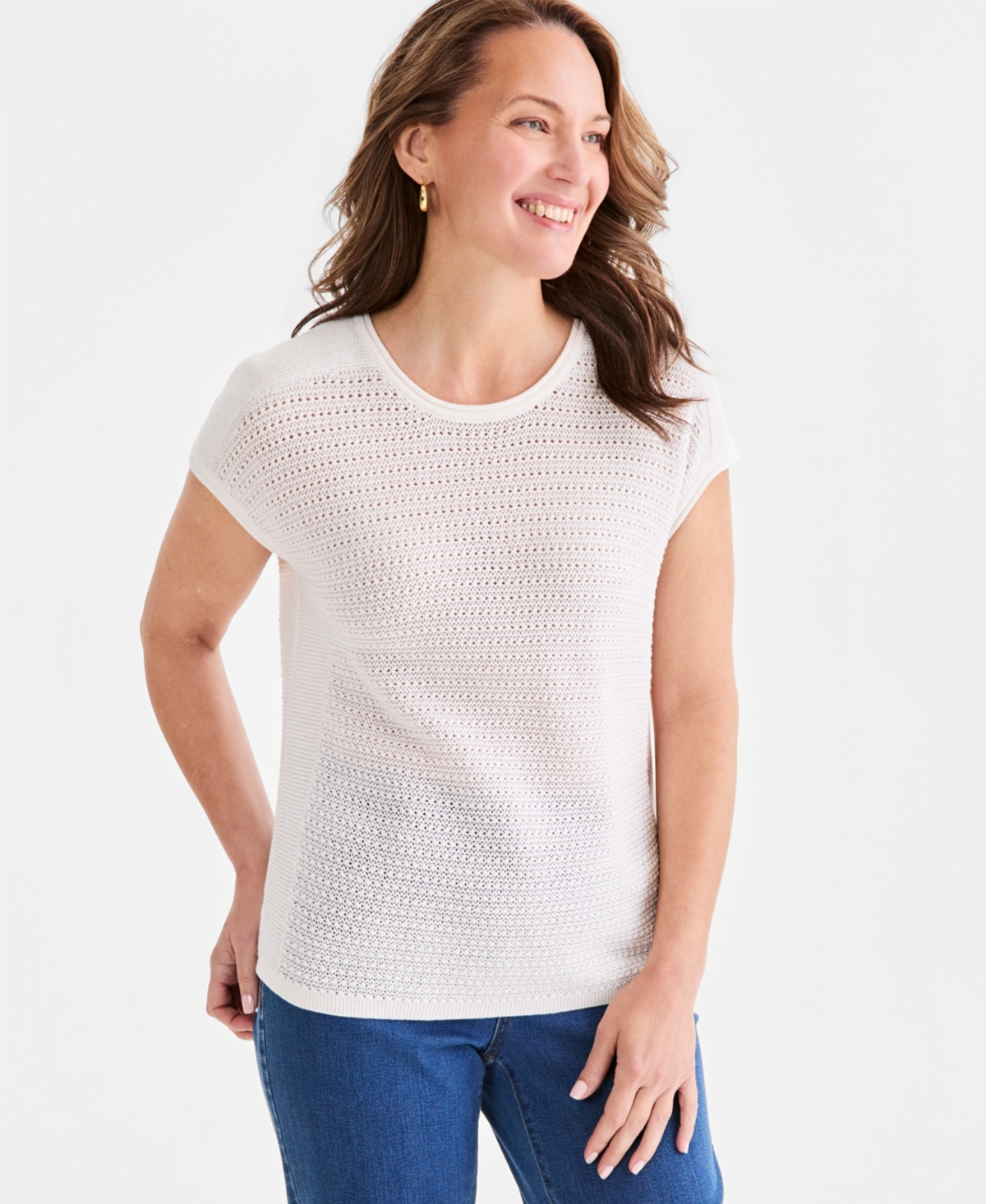 Click here for Style & Co Womens Open-Stitch Cap-Sleeve Sweater... prices
