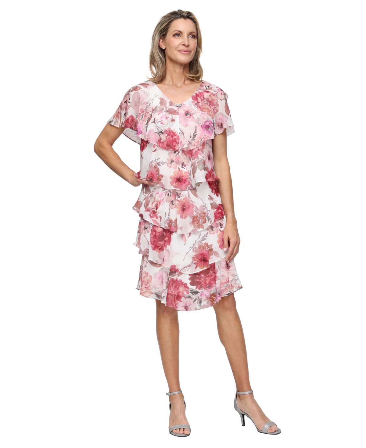 Click here for Sl Fashions Womens Printed V-Neck Tier Dress - Pin... prices