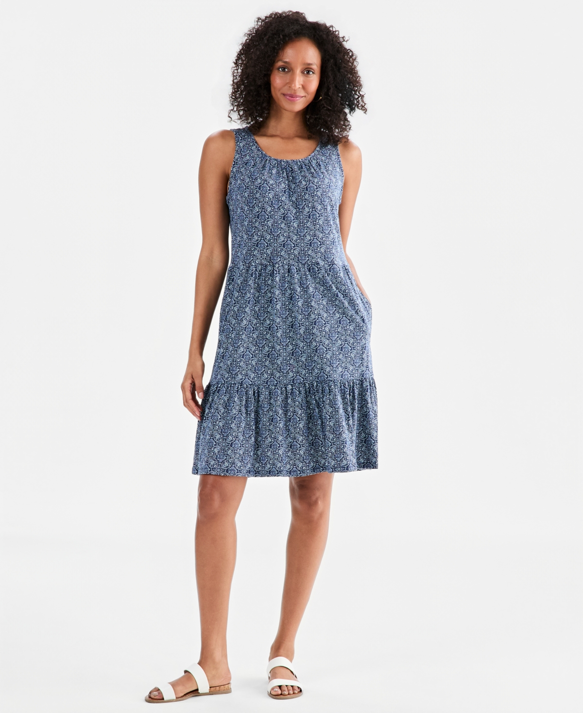 Click here for Style & Co Womens Printed Sleeveless Tiered Dress... prices