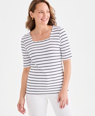 Click here for Style Co Womens Striped Scalloped Square Neck Top... prices