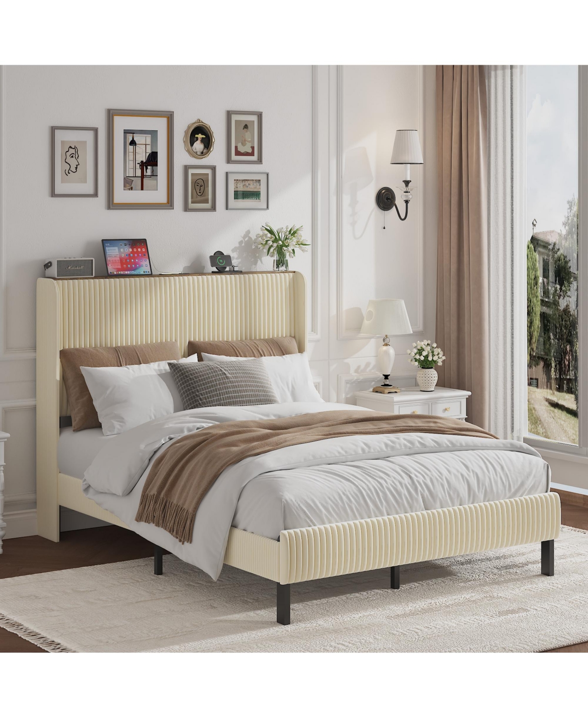Click here for flynama Metal Platform Bed Beige Charging Station... prices