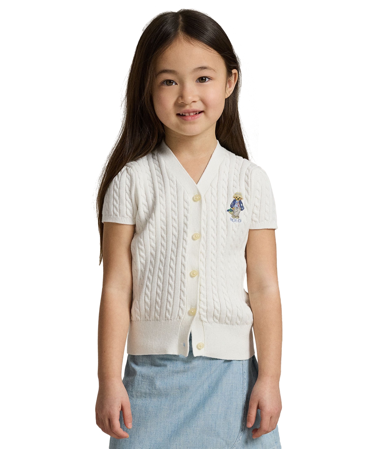 Click here for Polo Ralph Lauren Girls 2T-6X Polo Bear Cable V-Ne... prices