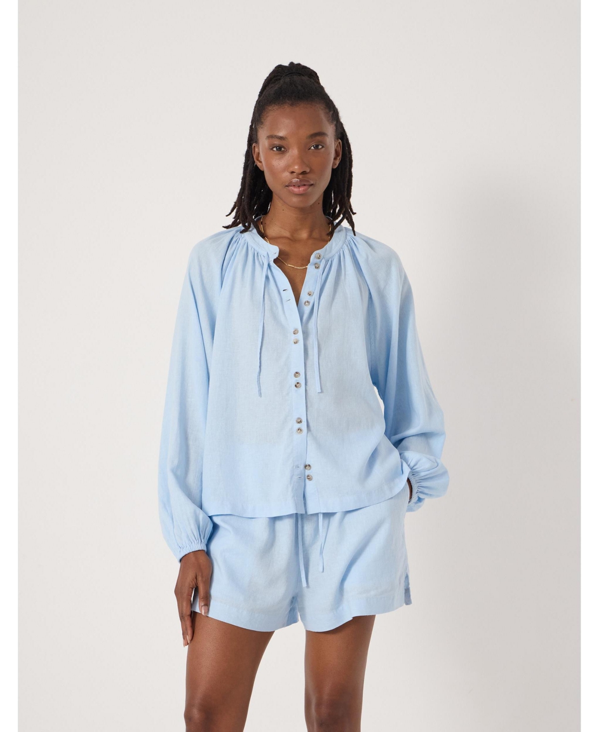 Click here for Hush Womens Elsa Gathered Linen Beach Shirt - Pale... prices