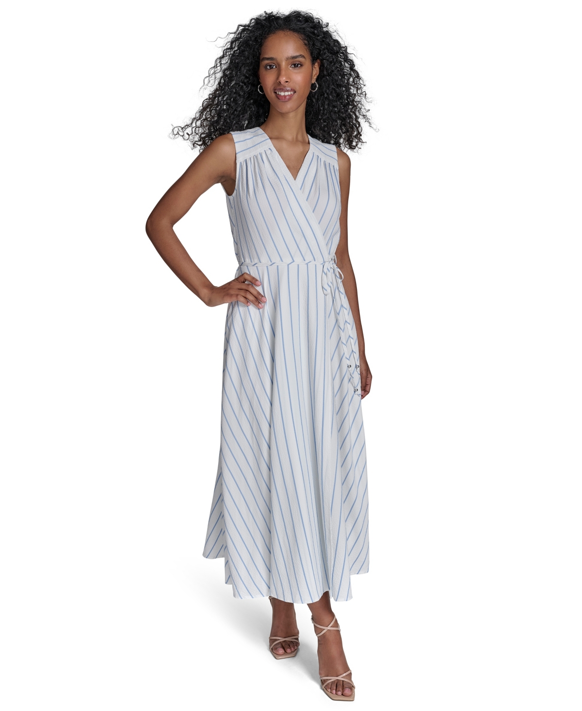Click here for Calvin Klein Womens Striped V-Neck Midi Dress - Bl... prices