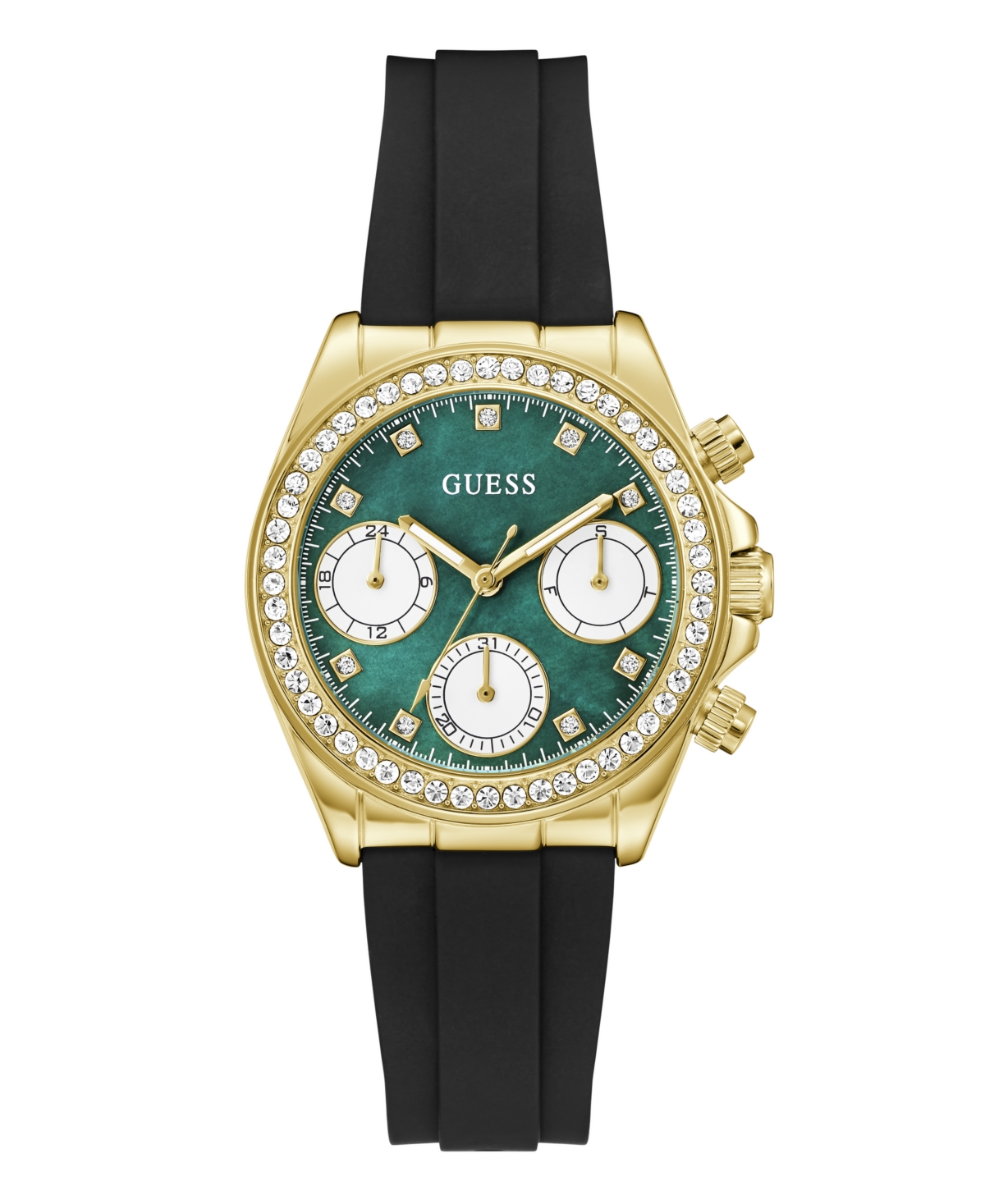Click here for Guess Womens Gold-Tone Black Silicone Multi-Functi... prices