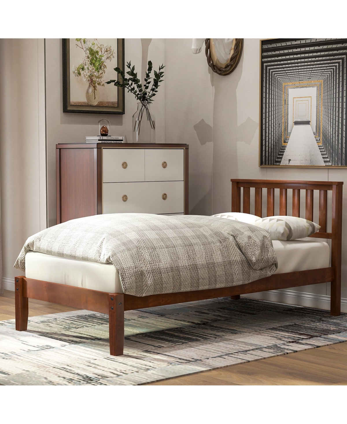 Click here for flynama Walnut Wood Platform Bed with Headboard 10... prices