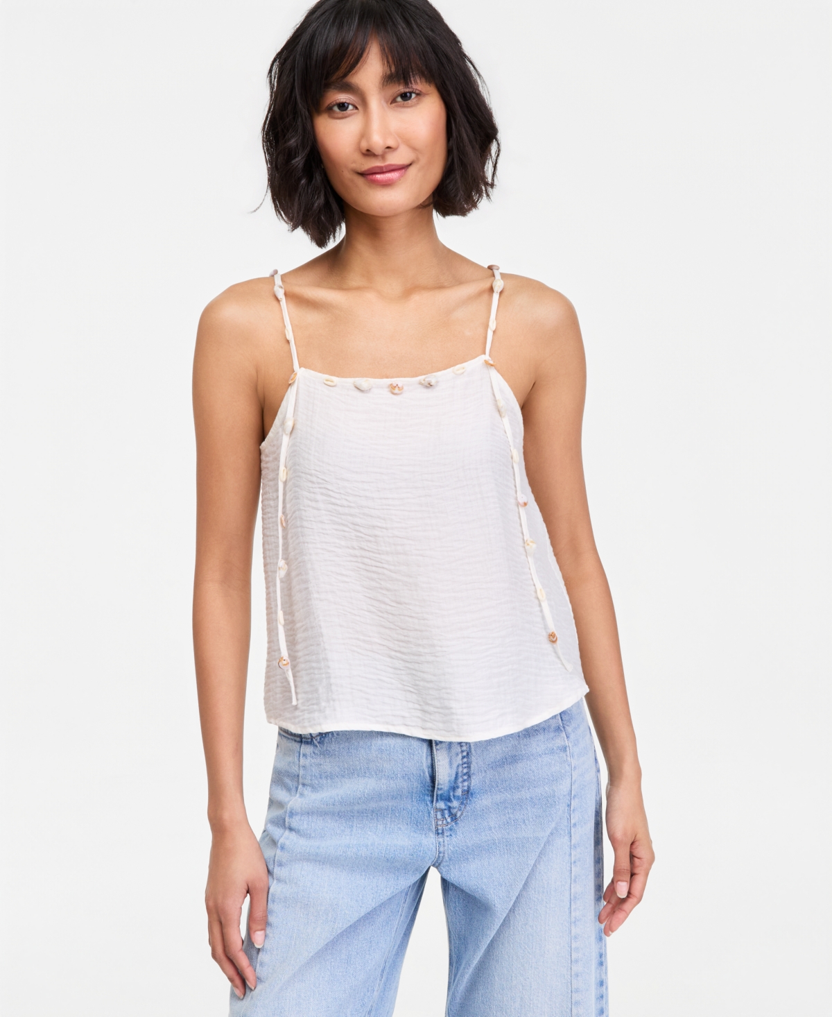 Click here for On 34th Womens Beaded-Strap Cropped Gauze Tank Top... prices