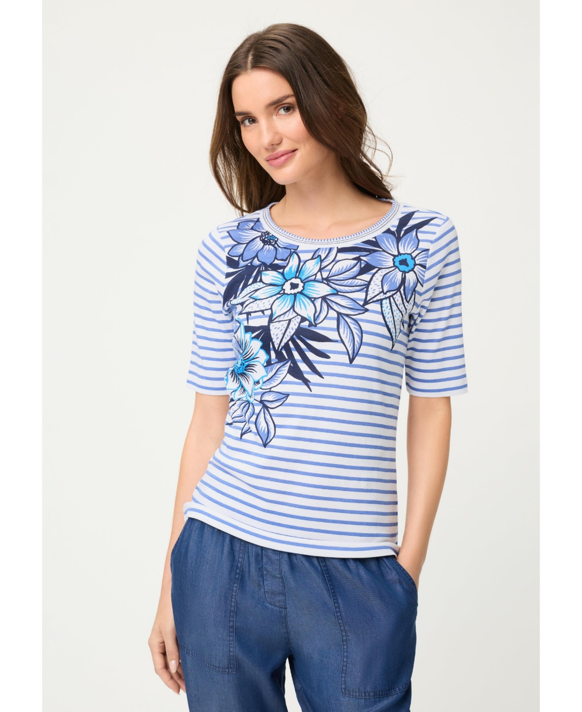 Click here for Olsen Womens Stripe Placement Print T-Shirt - Bay... prices
