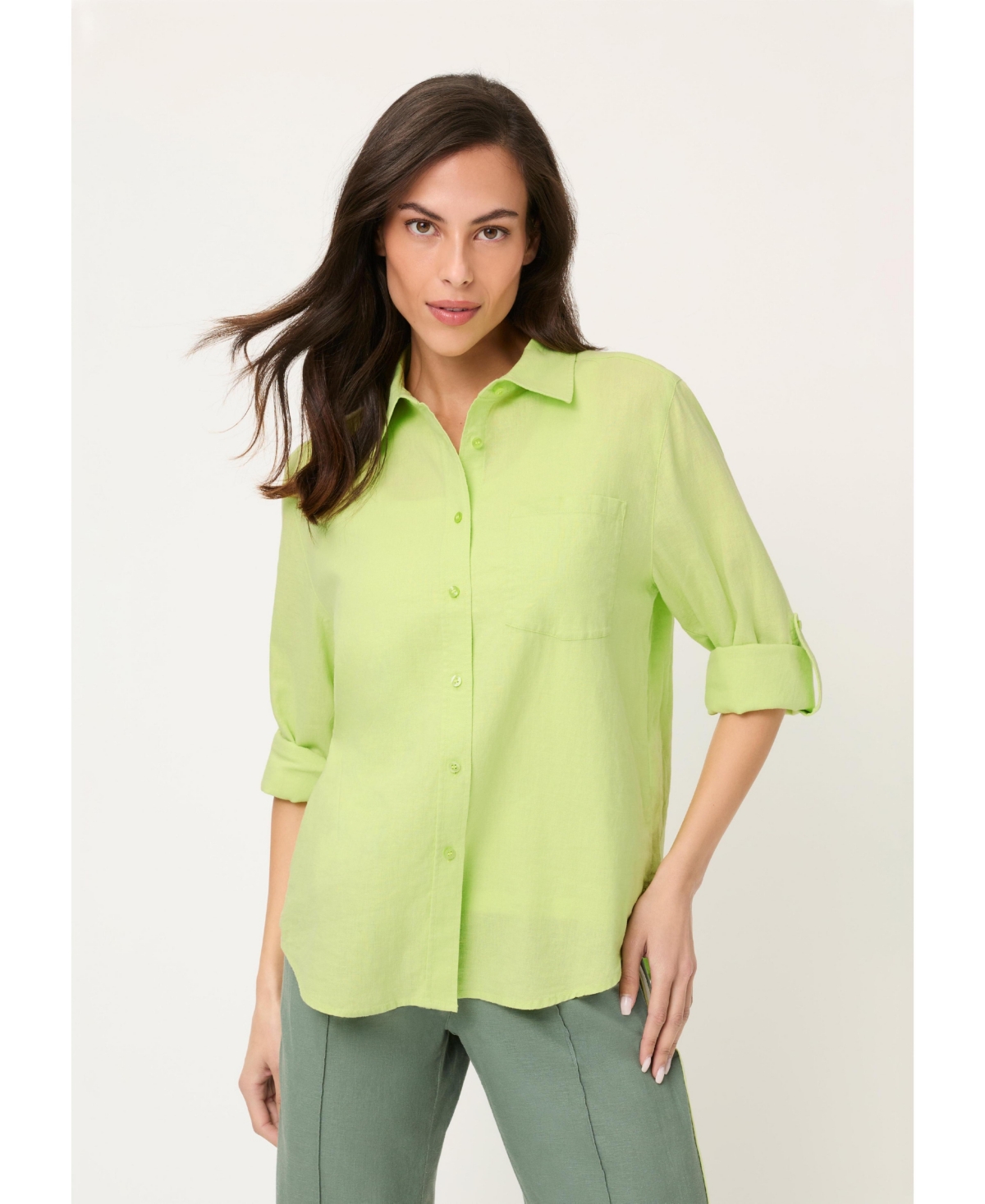 Click here for Olsen Womens Linen Blend Shirt - Lime yellow prices