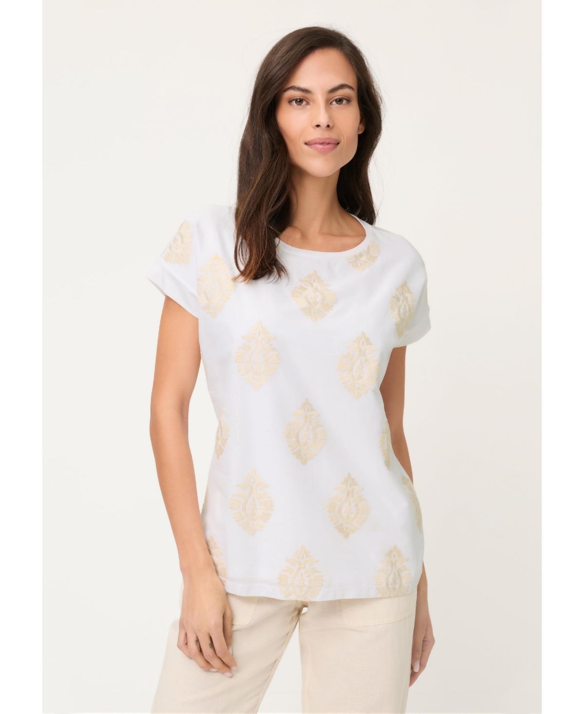 Click here for Olsen Womens Ornamental Embroidered T-Shirt - Whit... prices