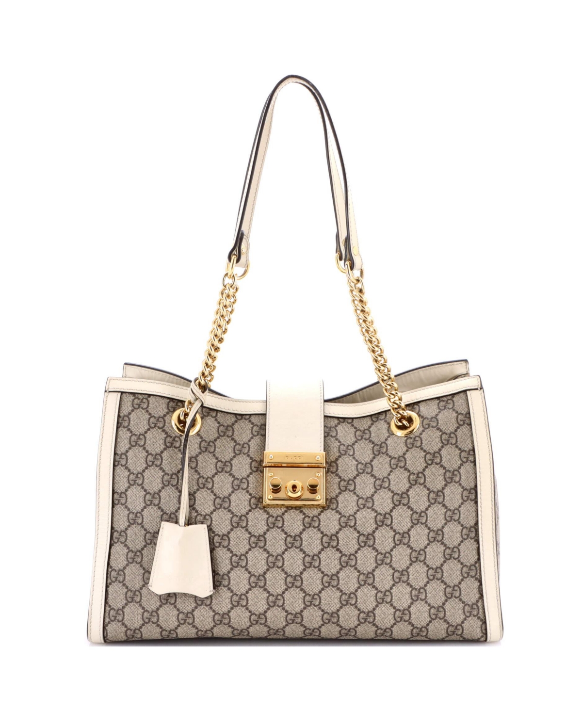 Click here for Pre-Owned Gucci Medium Padlock Chain Tote Gg Coate... prices