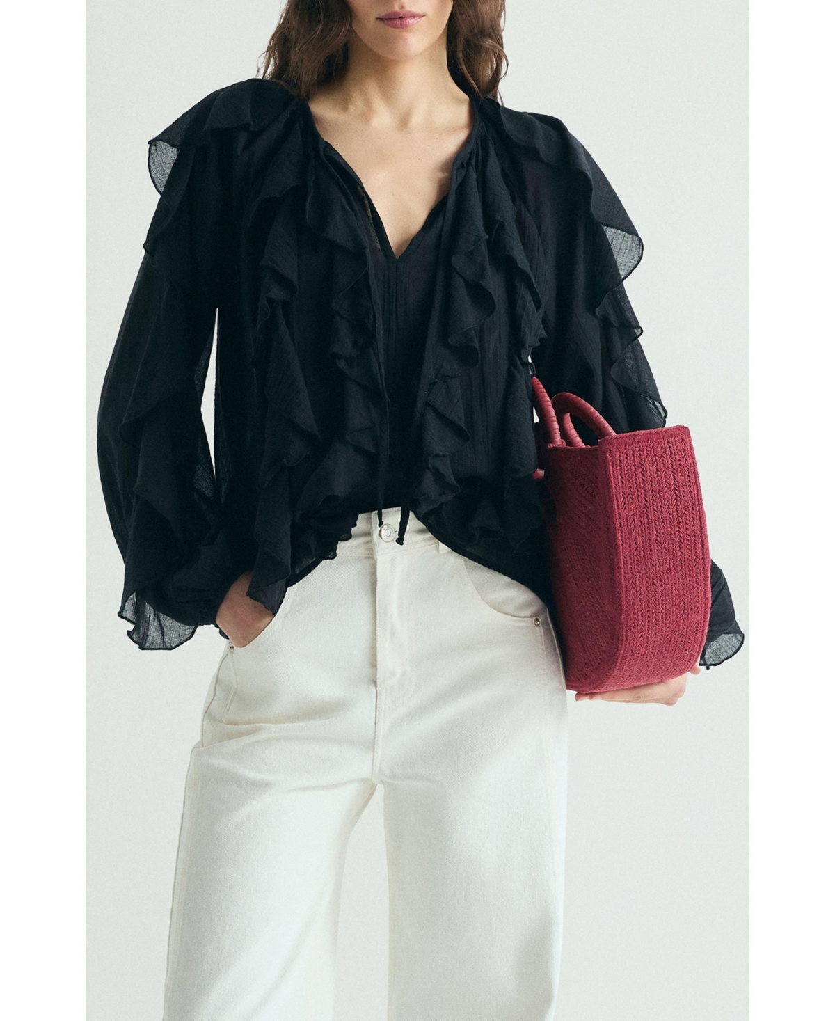 Click here for Scalpers Womens Ruffled Cotton Blouse - Black prices