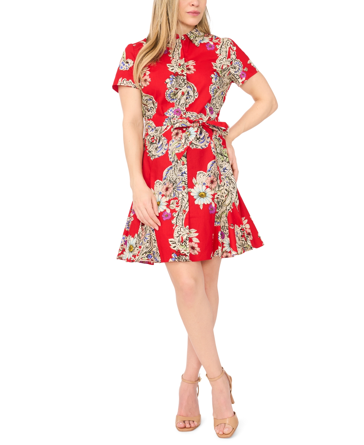 Click here for Msk Petite Printed Short-Sleeve Cotton Dress - Red... prices