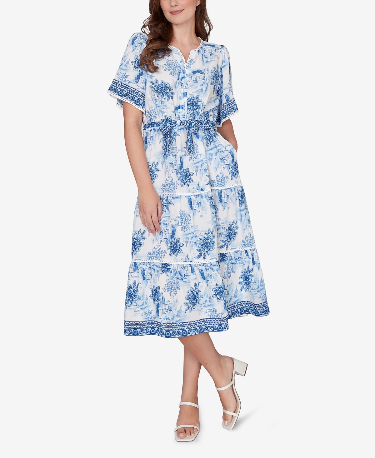 Click here for Ruby Rd. Petite Floral Toile Tie-Waist Tiered Dres... prices