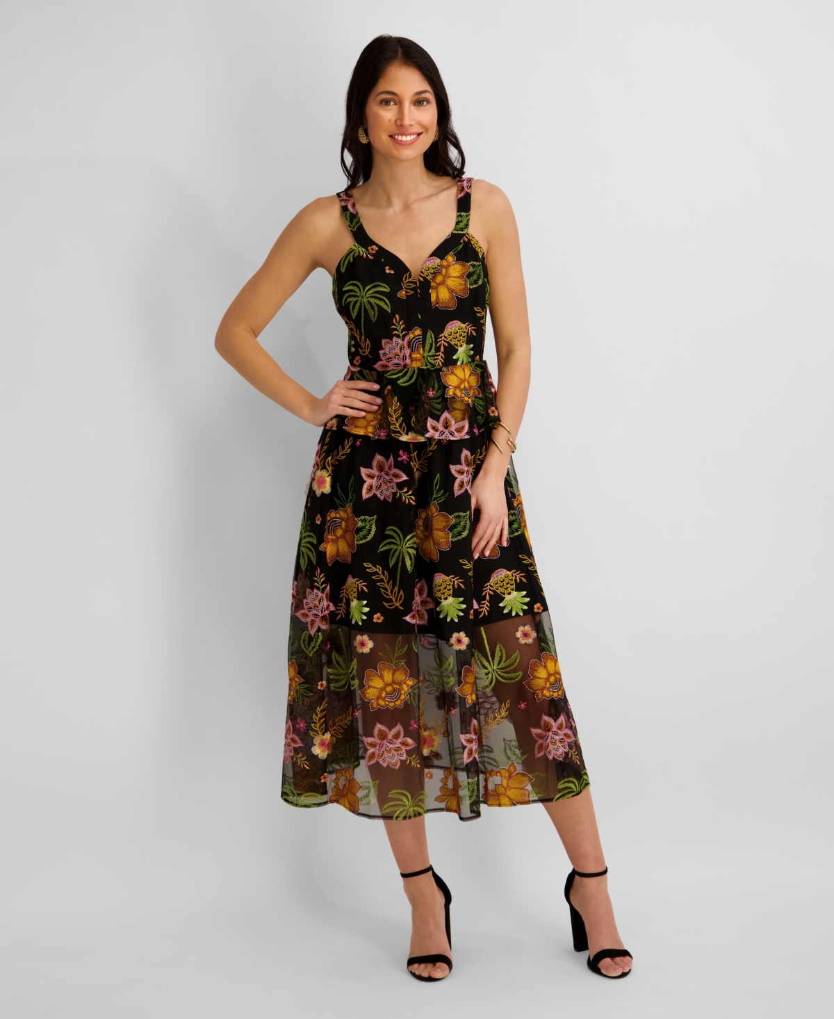 Click here for Kensie Womens Embroidered Mesh V-Neck Midi Dress -... prices