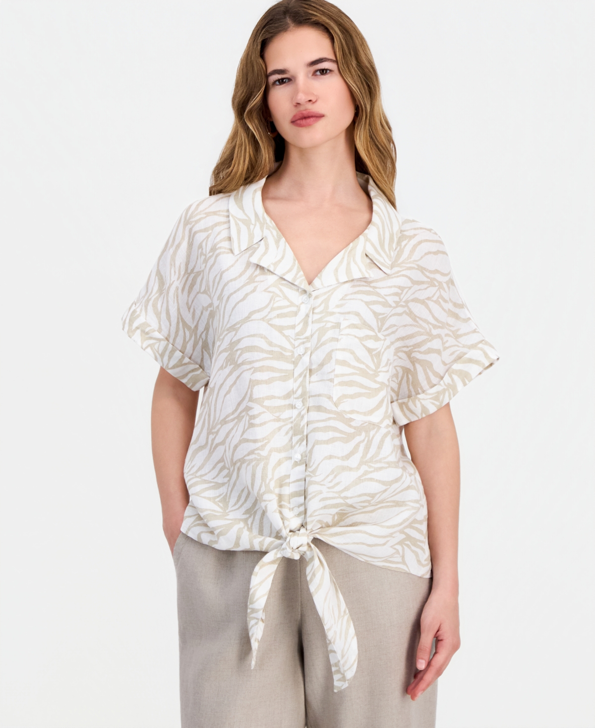 Click here for Charter Club Petite Linen Tie-Front Top  Exclusive... prices