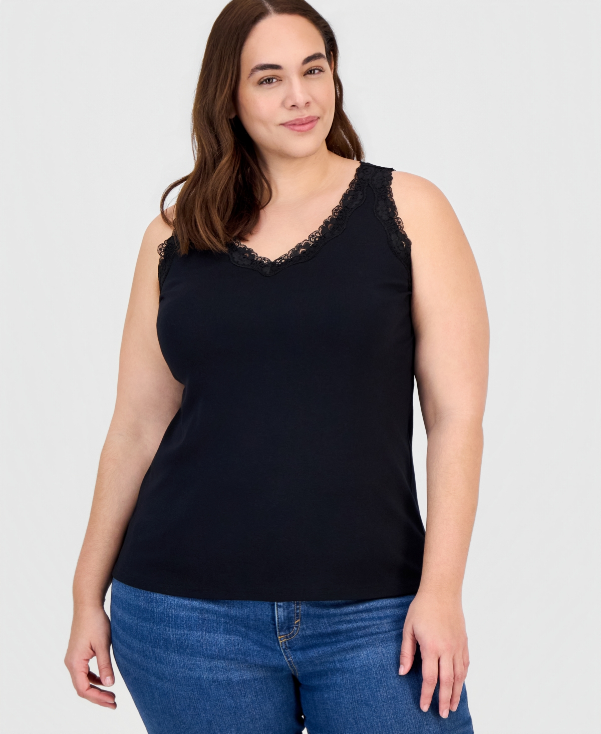 Style & Co Plus Size Lace-Trimmed Tank Top  Exclusively at Macys - Deep Black