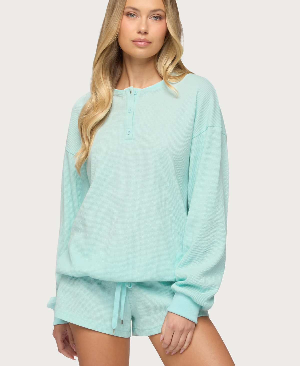 Click here for Edikted Womens Baila Waffle Henley Top - Aqua prices