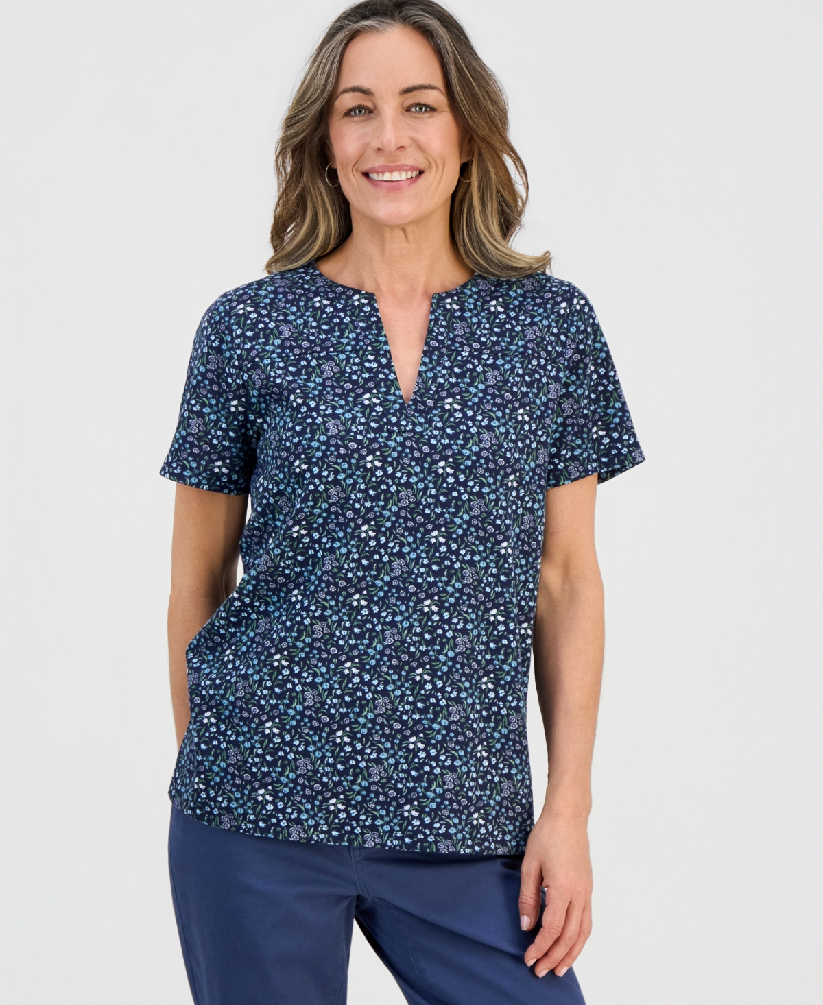 Click here for Style & Co Petite Floral-Print Short-Sleeve Split-... prices