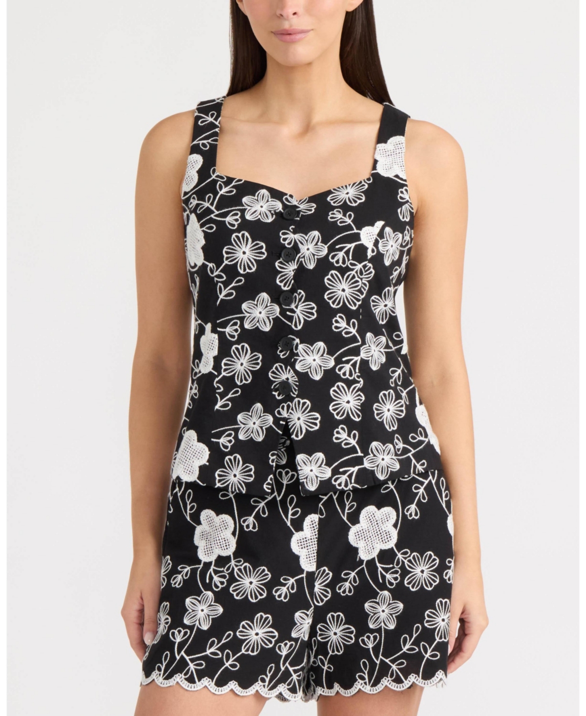 Click here for Ellen Tracy Womens Embroidered Scallop Vest - Blac... prices