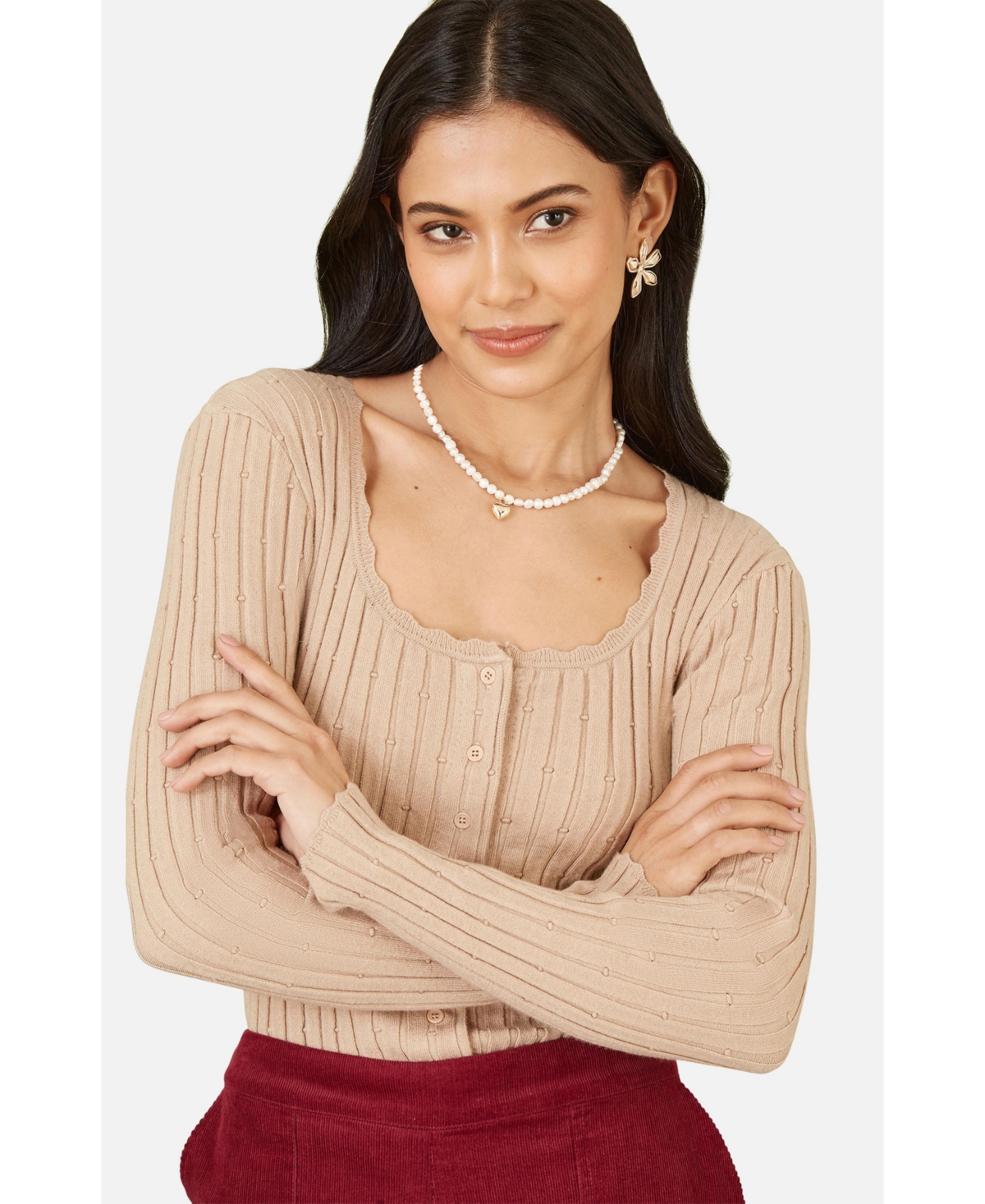 Click here for Yumi Womens Knit Fitted Rib Cardigan - Oatmeal prices