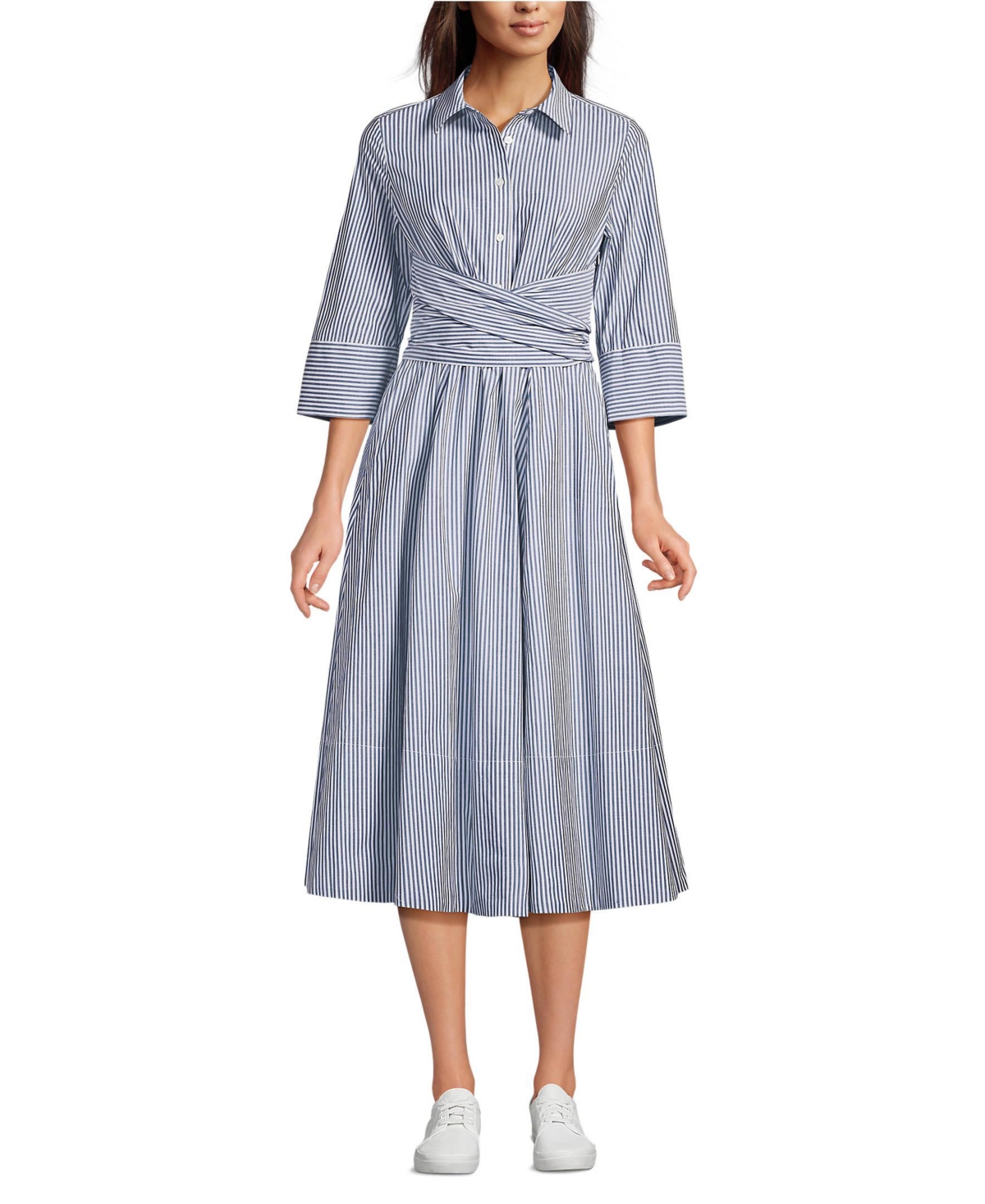 Click here for Lands End Womens Poplin Midi Wrap Front Dress - Mi... prices
