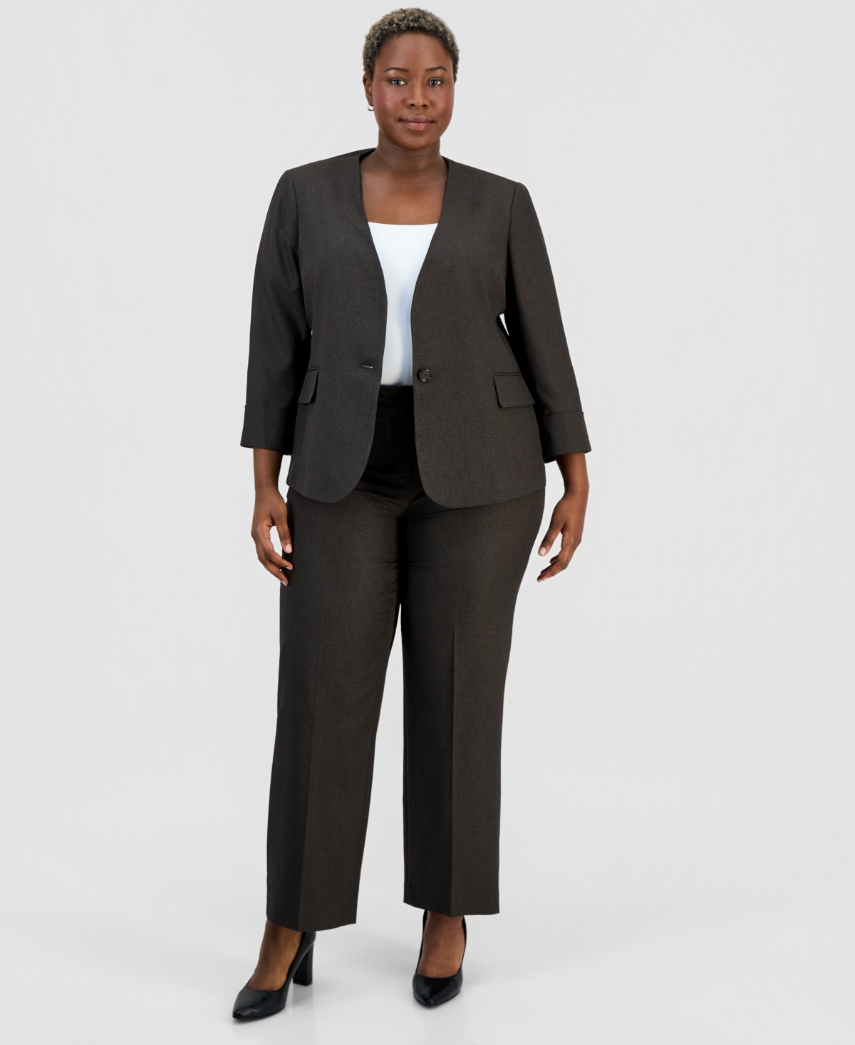 Click here for Le Suit Plus Size Collarless One-Button Jacket & F... prices