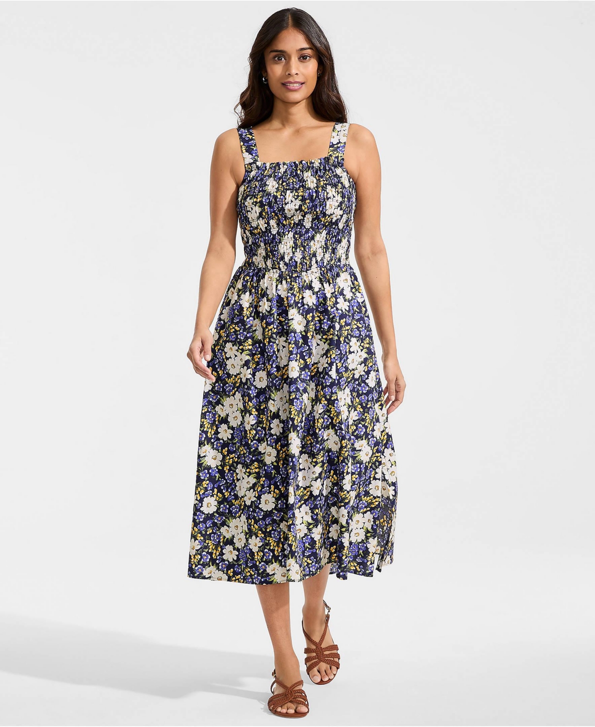 Click here for Lands End Womens Poplin Smocked Bodice Midi Dress... prices