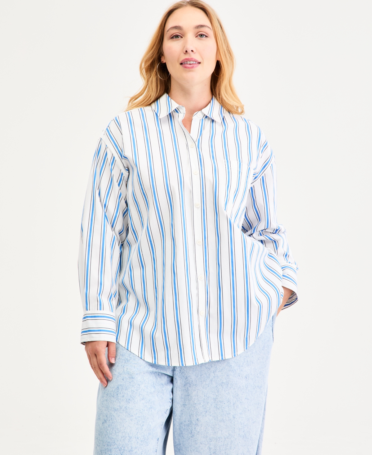 Click here for On 34th Plus Size Bayside Stripe Button-Front Cott... prices