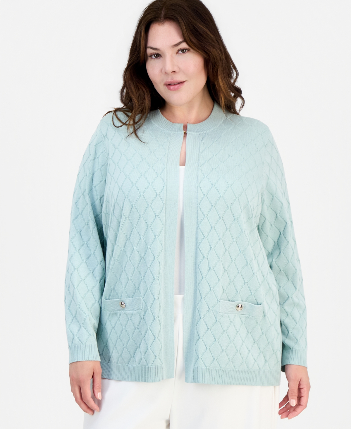 Click here for Kasper Plus size Kiss-Front Diamond Stitch Cardiga... prices