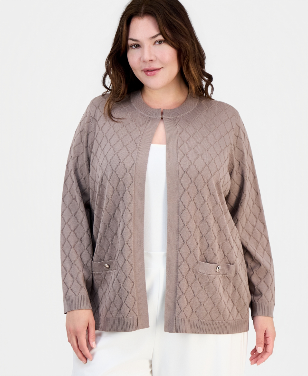 Click here for Kasper Plus size Kiss-Front Diamond Stitch Cardiga... prices