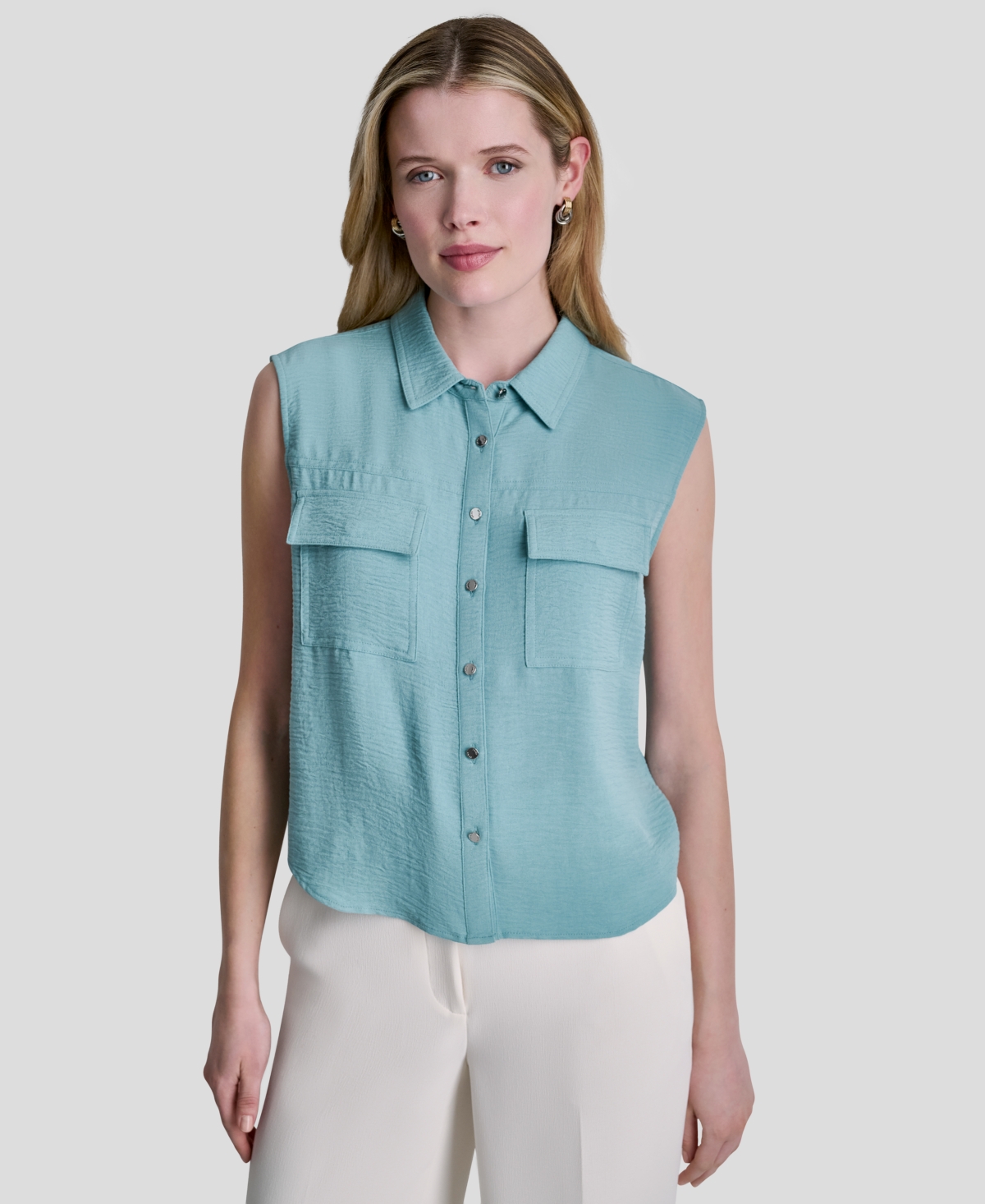 Click here for Dkny Womens Sleeveless Collared Top - Cameo Blue prices