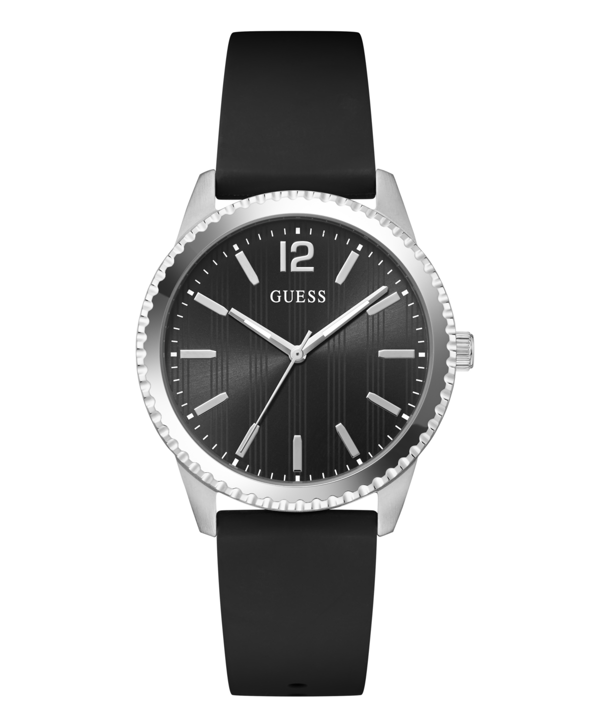 Click here for Guess Mens Silver-Tone Stainles Steel Black Silico... prices