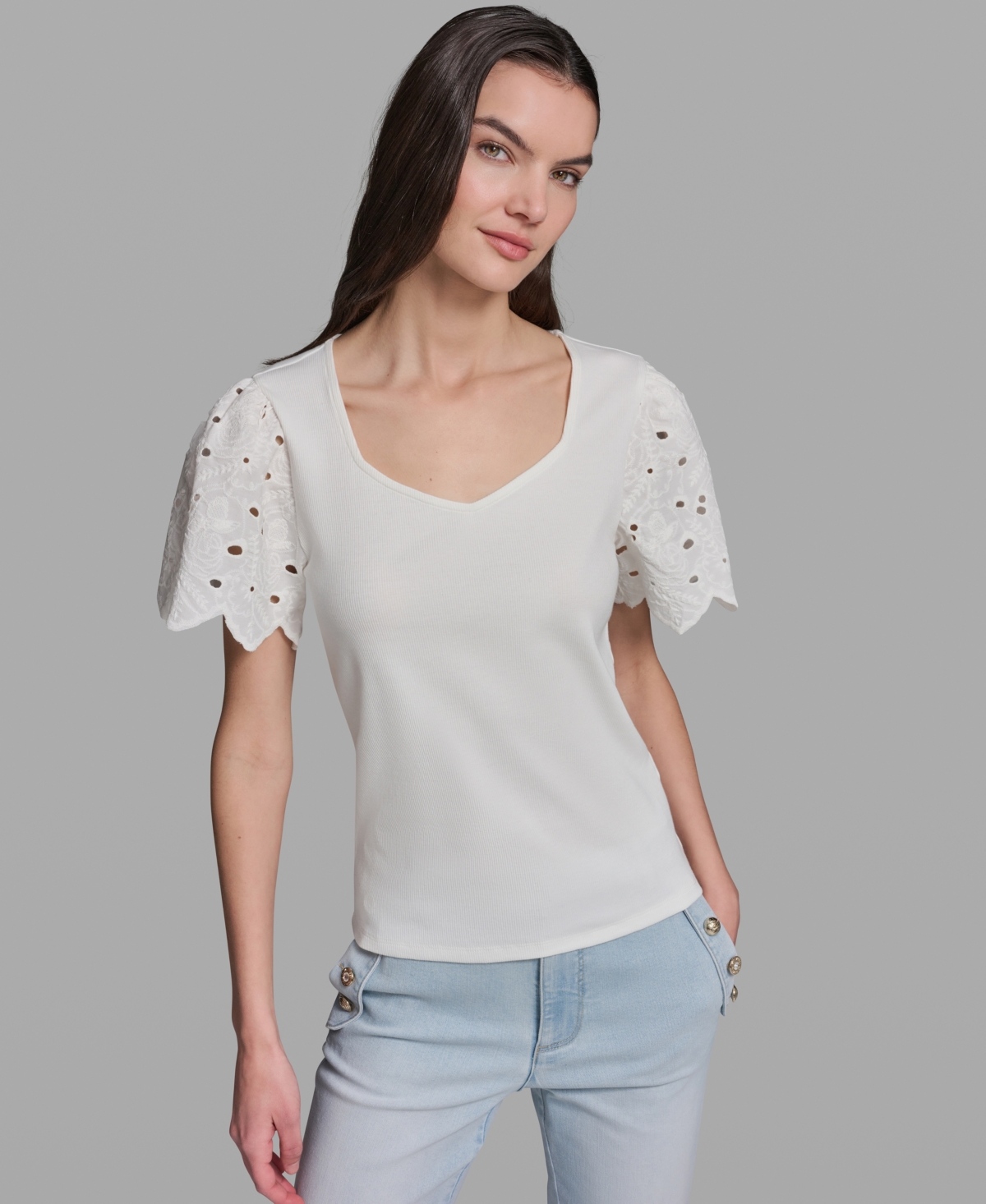 Click here for Karl Lagerfeld Paris Womens Eyelet Mix Media V-Nec... prices