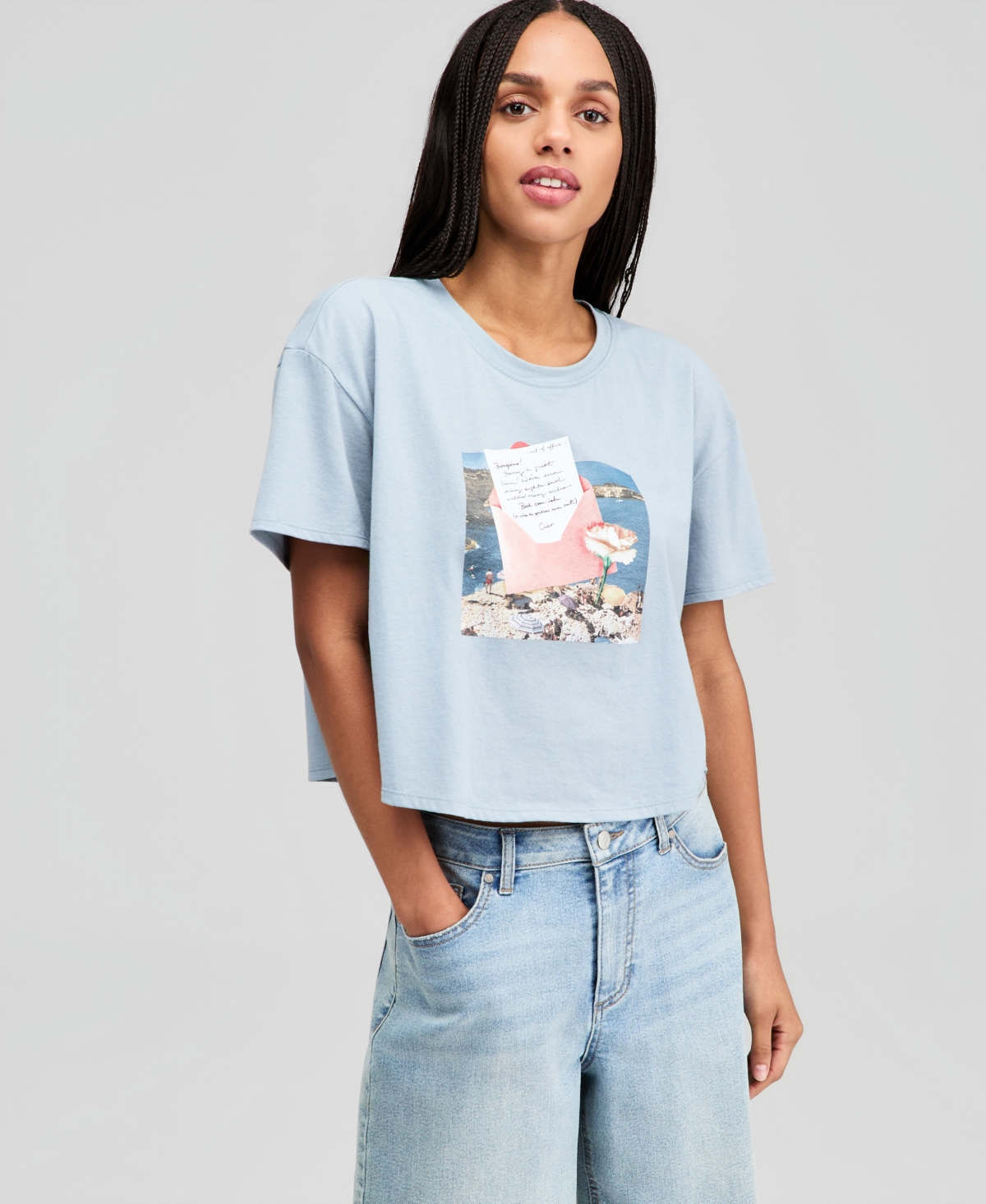 Click here for And Now This Womens Postcard Graphic Cropped T-Shi... prices