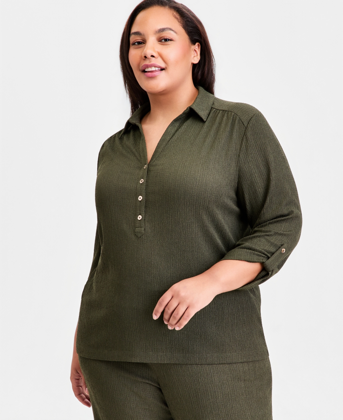 Click here for Anne Klein Essentials Plus Size Collared 3/4-Sleev... prices