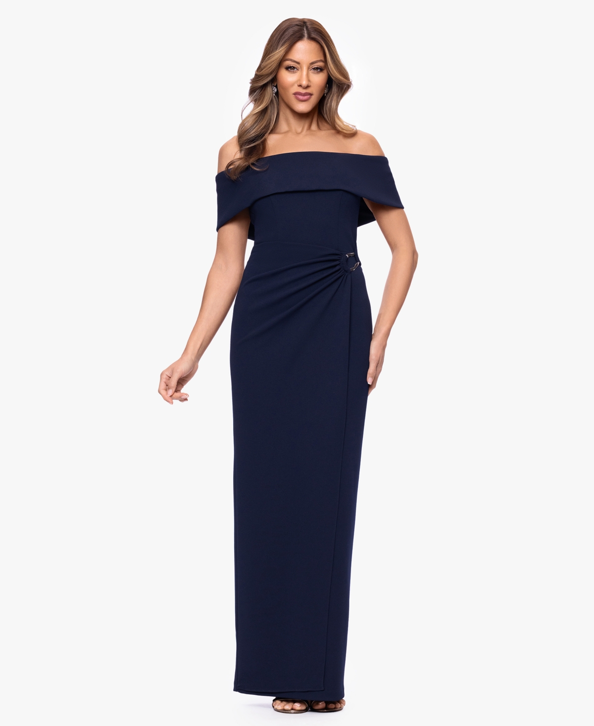 Click here for Xscape Womens Off-The-Shoulder Gown - Navy prices